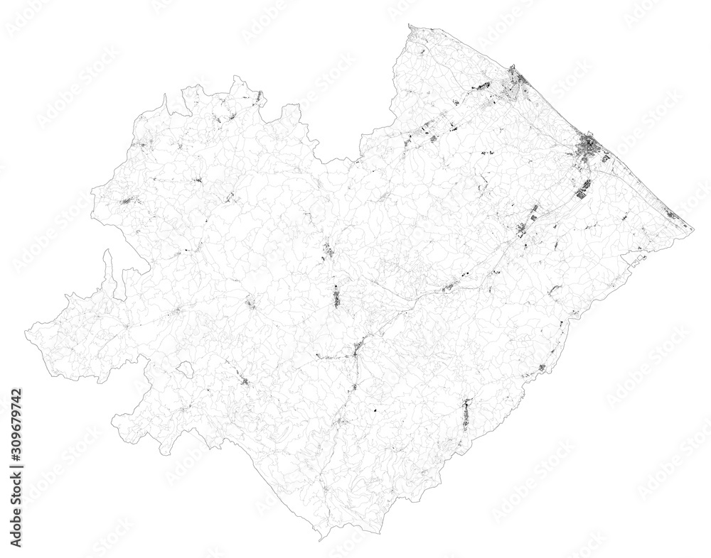 Satellite map of Province of Pesaro e Urbino towns and roads, buildings ...
