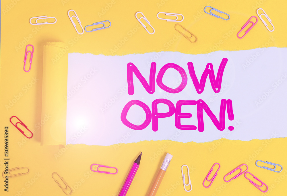 Text sign showing Now Open. Business photo showcasing leave door or ...