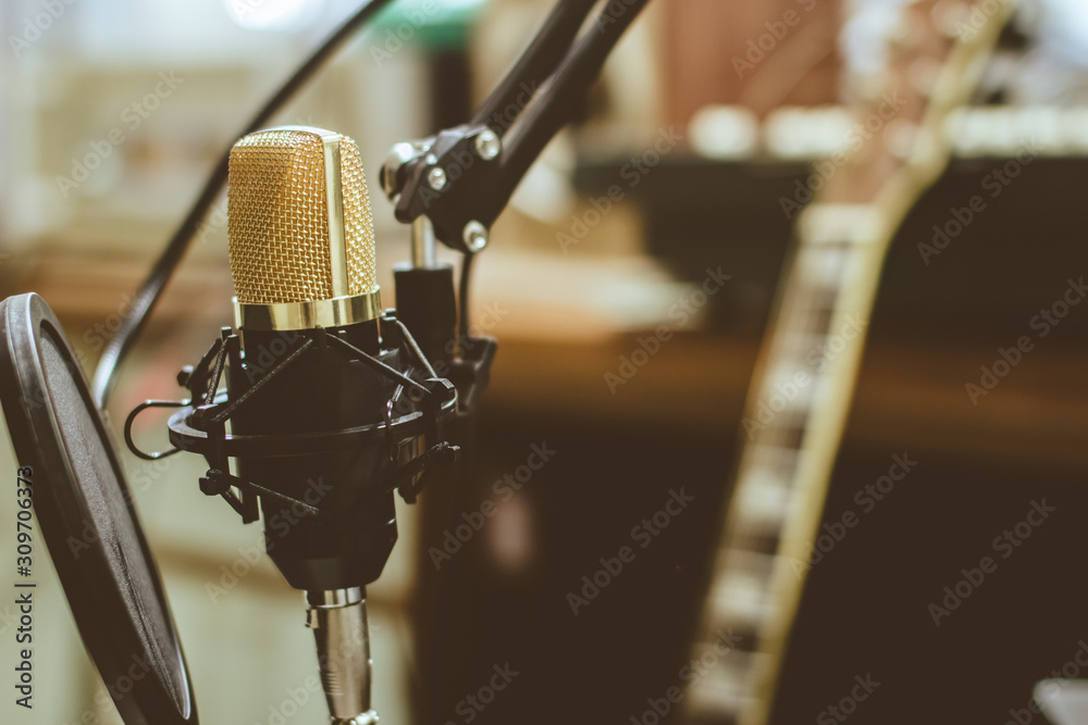 Vintage with golden condenser microphones in the recording room. Stock ...