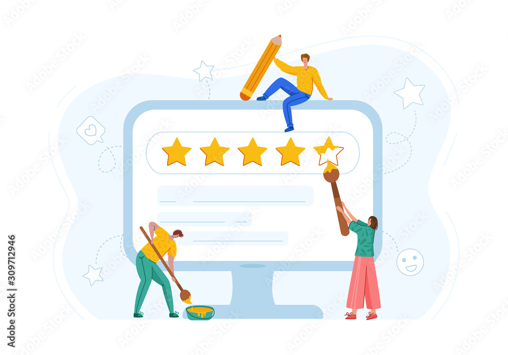Client feedback concept - people paiting rating stars on computer ...
