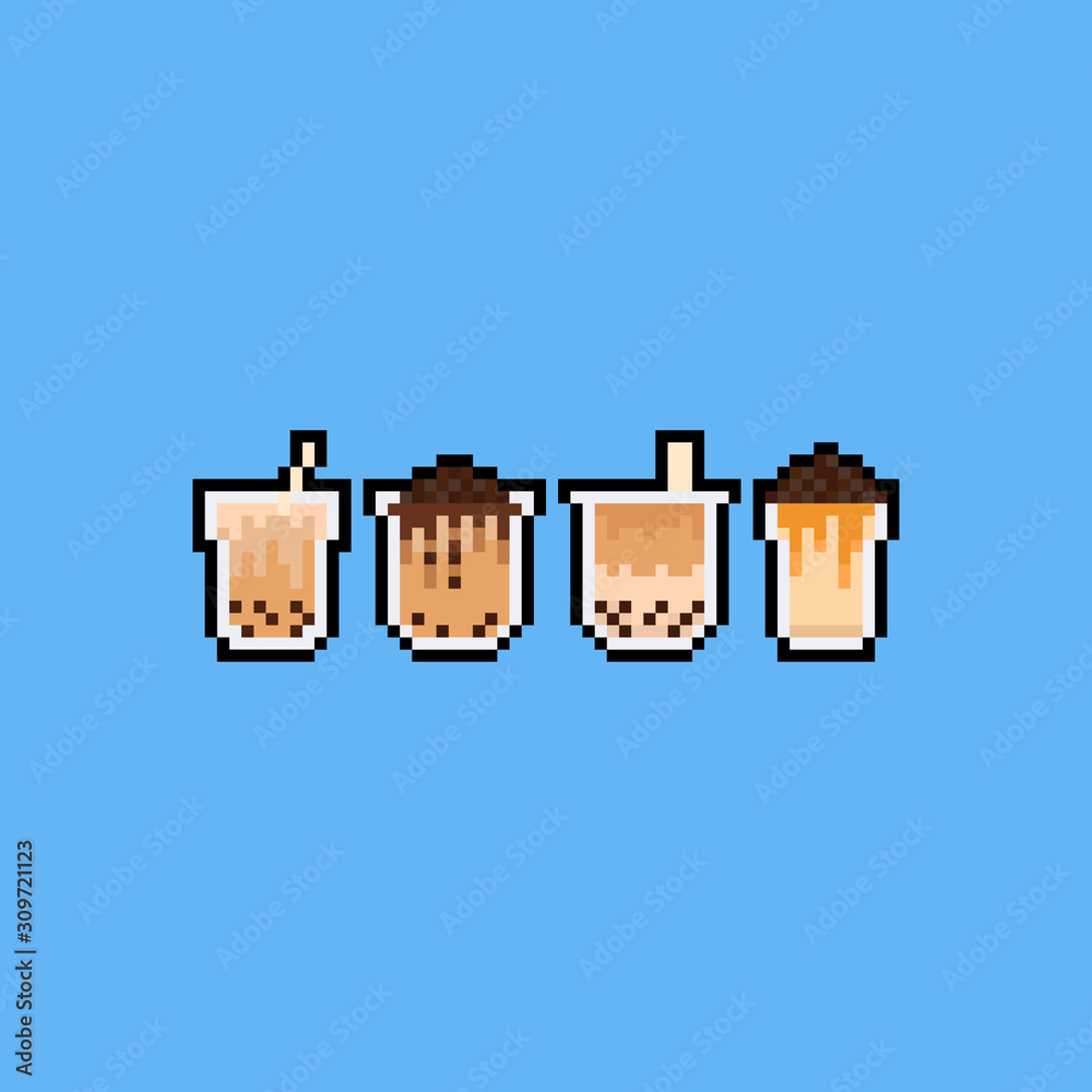 Pixel art cartoon bubble milk tea icon set. Stock Vector | Adobe Stock