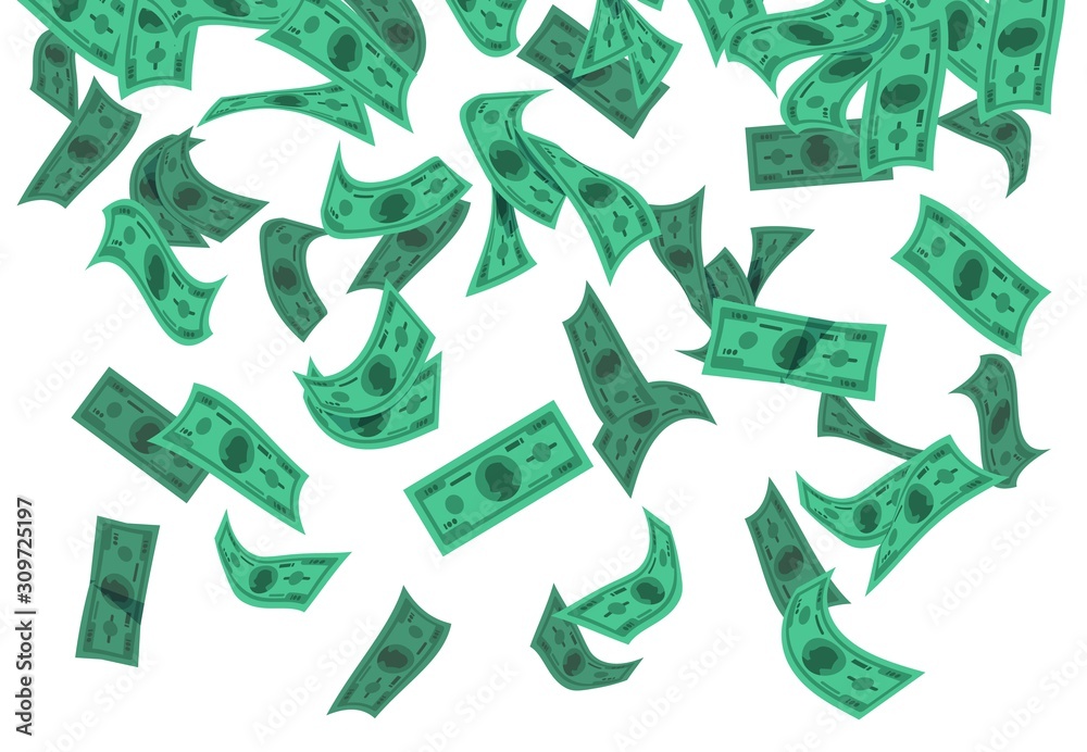 Falling money. Flying green banknotes isolated on white, flat cash ...