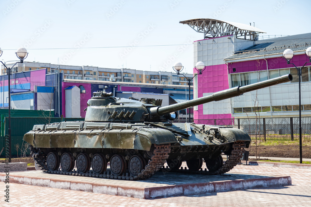 Military equipment on the monument in honor of the memory of the war ...