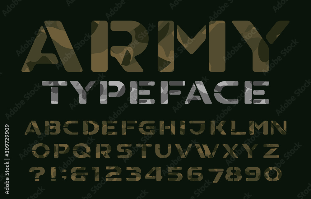 Army alphabet font. Stencil camouflage uppercase letters and numbers on ...