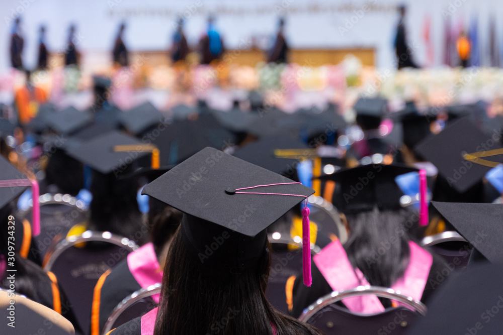 Rear view and soft selective focus of the graduates in the graduation ...
