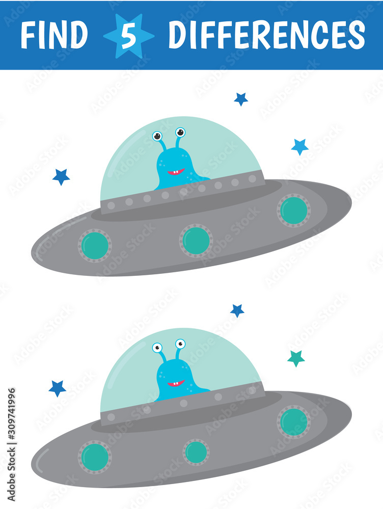 Educational game for kids. Find the differences. alien on a flying ...