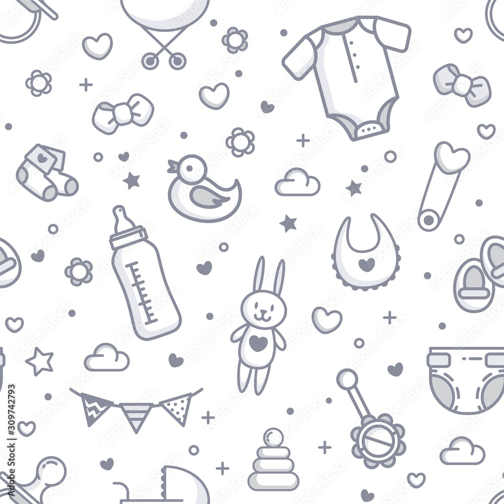 Baby Related Seamless Pattern In White and Gray Colors. Vector Cartoon ...