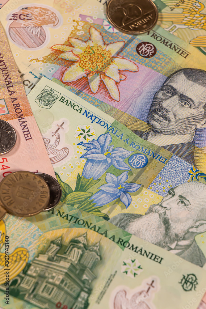 Romanian leu banknotes and coins, RON. Romania, ROU Stock Photo | Adobe ...