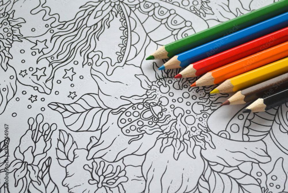 Zen art, doodle patterns in black and white with multicolored pens ...
