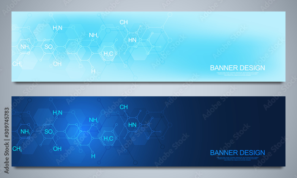 Banners design template and headers for site with abstract chemistry ...