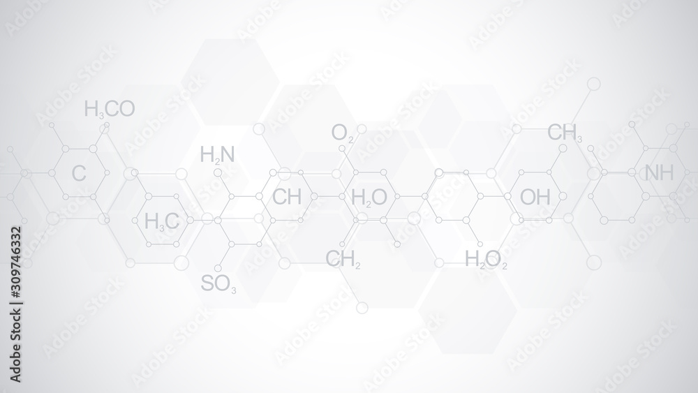Abstract chemistry pattern on soft gray background with chemical ...