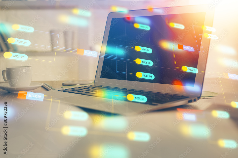 Double exposure of computer and technology theme drawing. Concept of ...