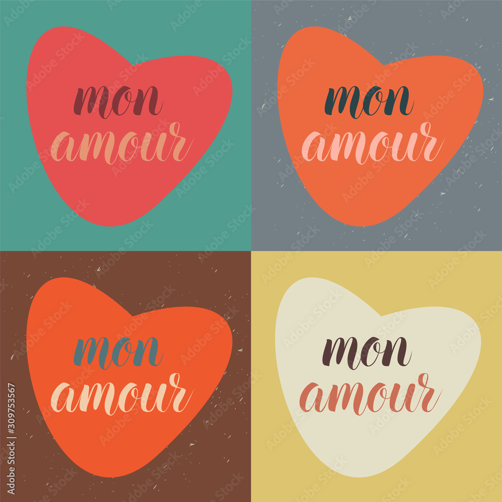 Mon amour vector calligraphy text with romantic heart decor, in four ...