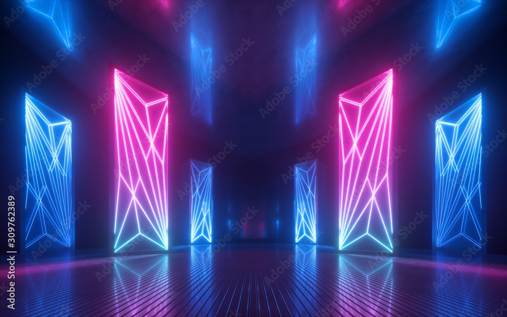 3d render, abstract futuristic neon background, glowing vertical panels ...