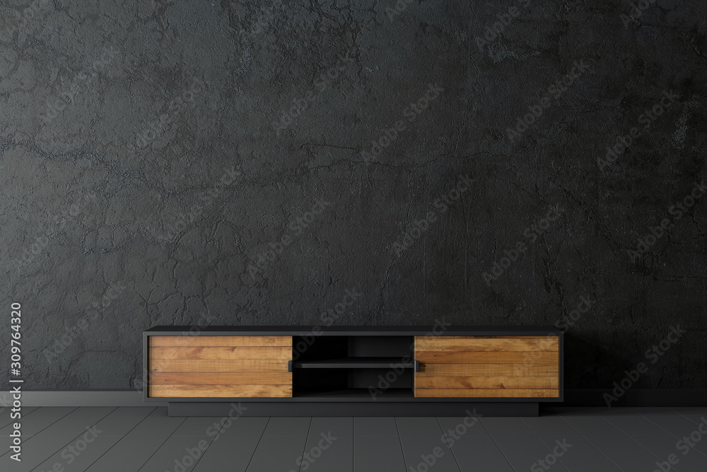 Modern cabinet tv console mockup in empty living room with black wall ...