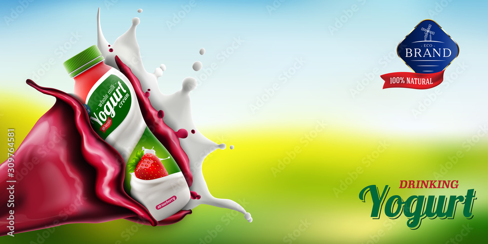Drink yogurt ad template, jar of cream with natural strawberry flavor ...