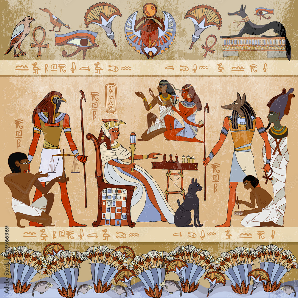 Murals ancient Egypt scene. Gods and pharaohs. Hieroglyphic carvings on ...