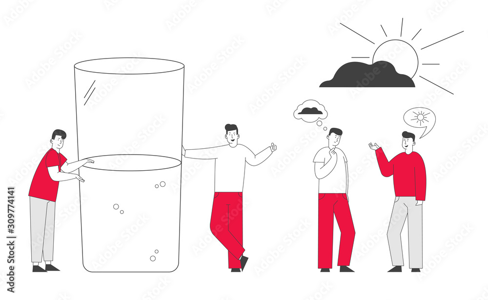 Men with Bad and Good Thoughts in Head Stand at Huge Half Full or Empty ...