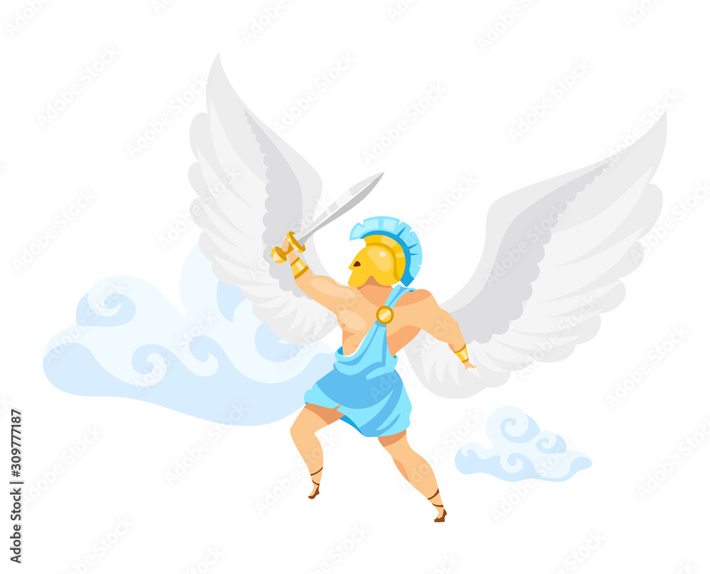 Icarus flat vector illustration. Warrior fly in sky. Fantastical ...