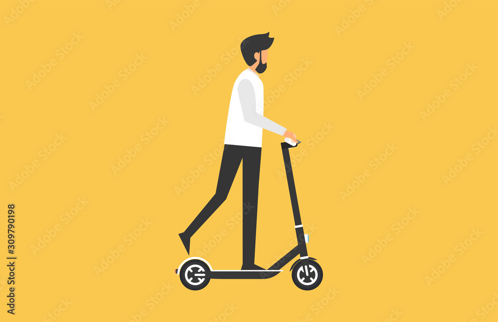 Cartoon picture with man riding fast modern electric bicycle. Enjoying ...