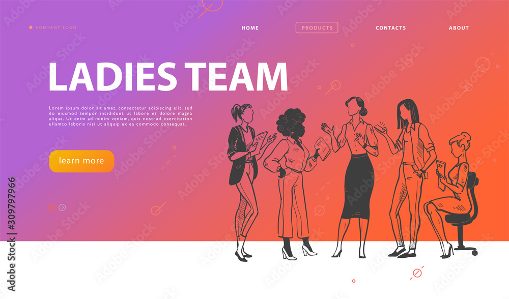 Landing page with ladies team business concept. Women in office suit ...