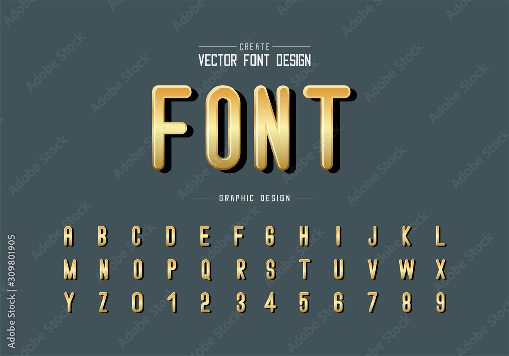Gold font and alphabet vector, Golden letter style typeface and number ...