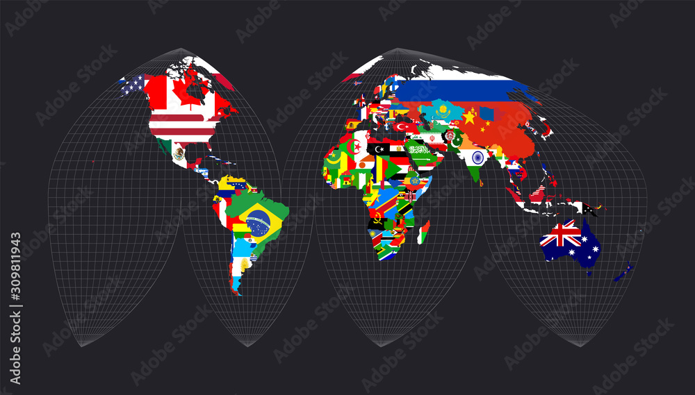 Map of the world with flags. Bogg's interrupted eumorphic projection ...