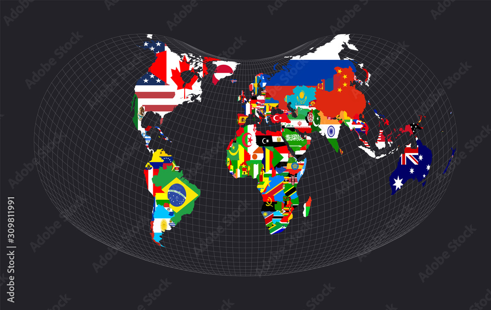 Worldmapwithallcountries andtheirflags. Hill eucyclic projection. Map ...