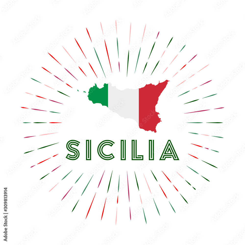 Sicilia sunburst badge. The island sign with map of Sicilia with ...