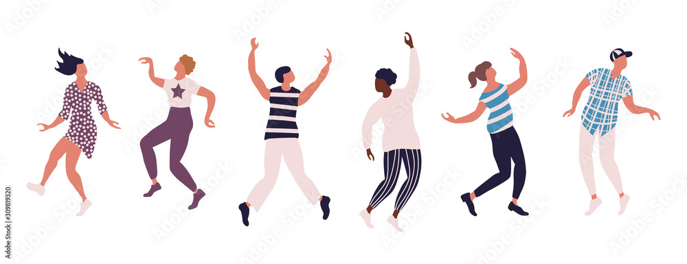 Horizontal poster with colored figures of dancing people. Set of ...