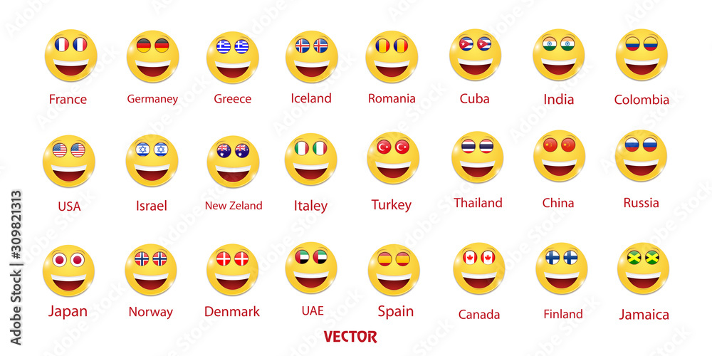 Smiley yellow face .Set of emoticons on a white background.Set of flags ...