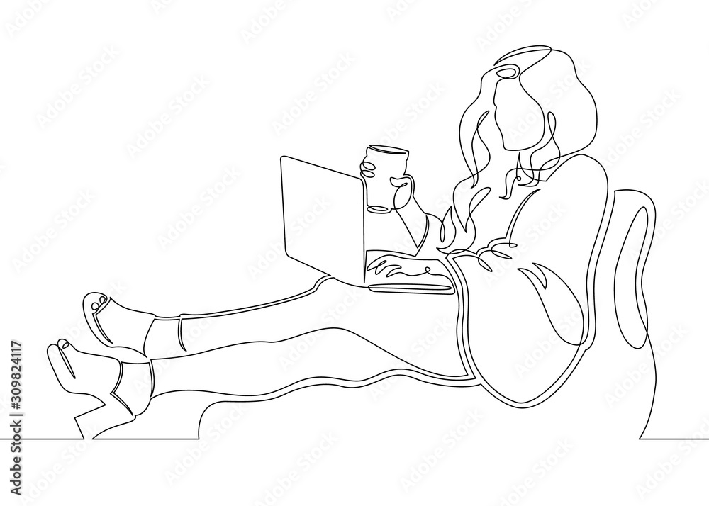 One continuous single drawn line art doodle girl laptop Stock ...