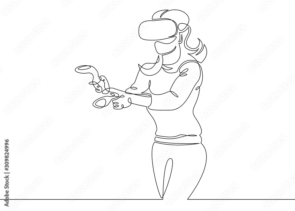 One continuous single drawn line art doodle girl in a helmet virtual ...
