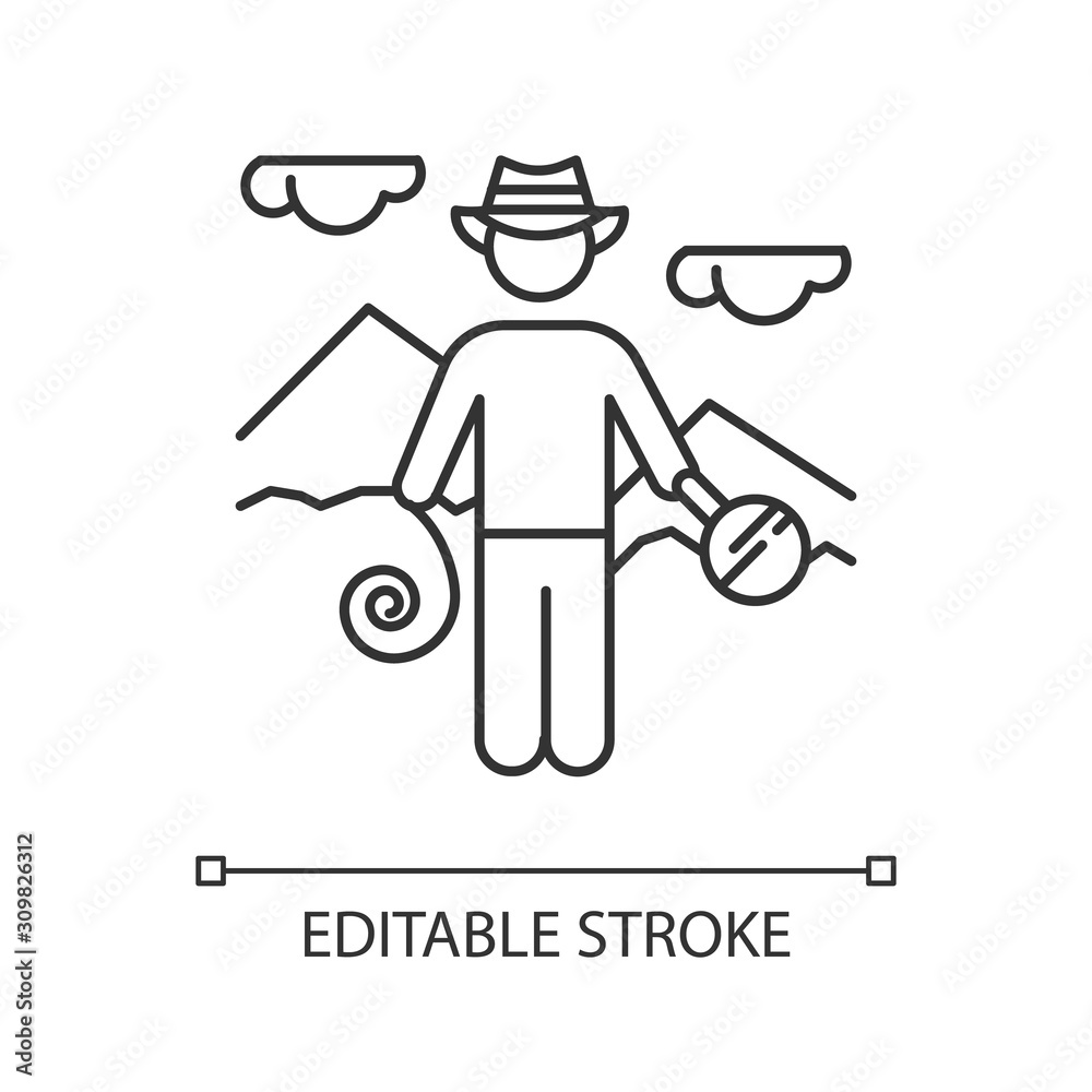 Adventurer linear icon. Discovery of egyptian artifacts. Pyramid ...