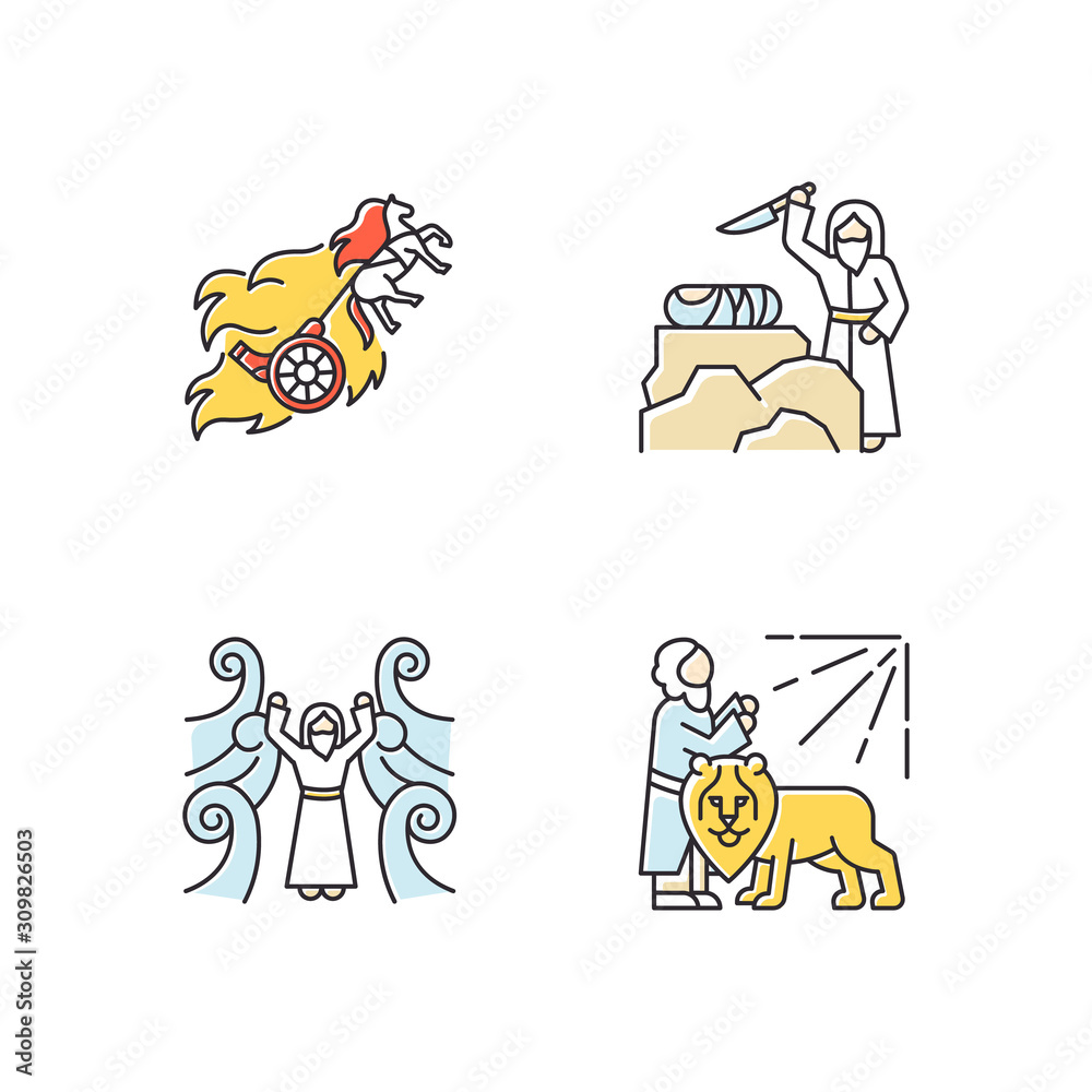 Bible narratives color icons set. Chariot of fire, binding of Isaac ...