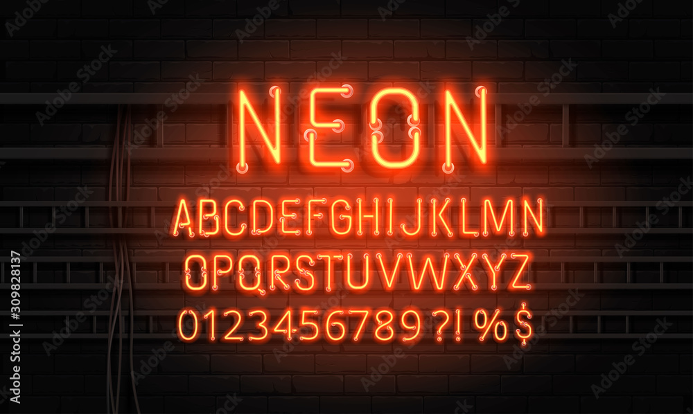 Neon alphabet with numbers and signs. Red neon style font, fluorescent ...