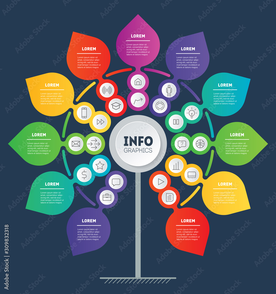 Business presentation concept with 11 steps and 22 icons. Template of ...