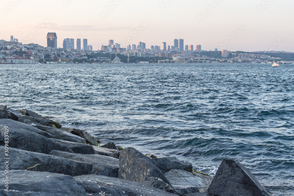 View of Istanbul. Bosphorus Strait. Outlines of a big city. Istanbul on ...