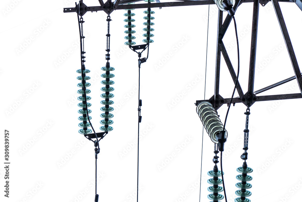 Overhead power line plates and pylon isolated on white background Stock ...