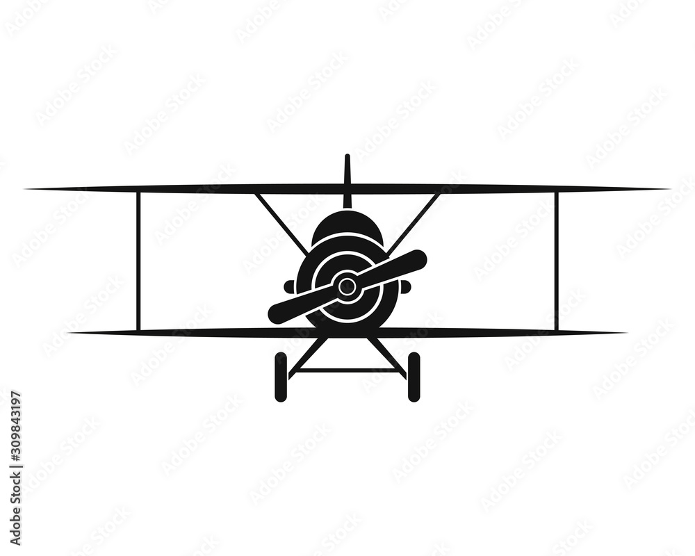 Biplane icon. Black silhouette. Front view. Vector drawing. Isolated ...