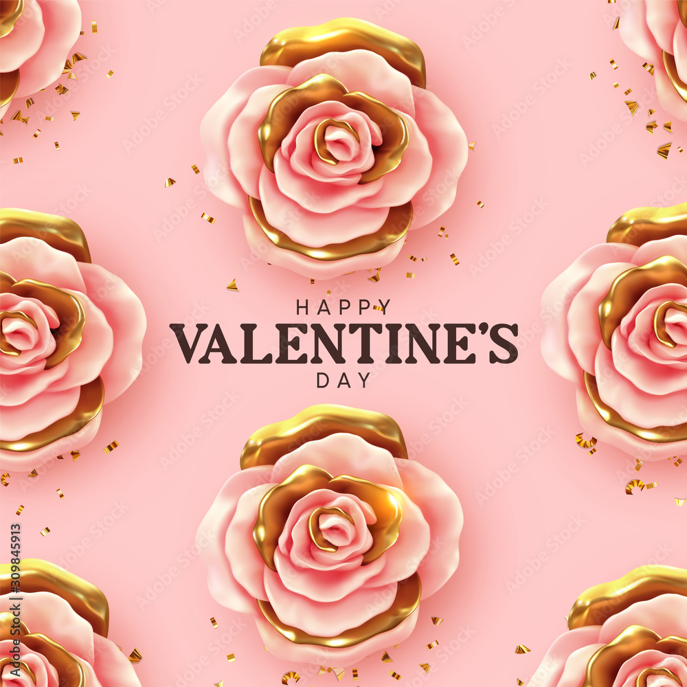 Happy Valentine's Day. Background with realistic 3d flower metal rose ...