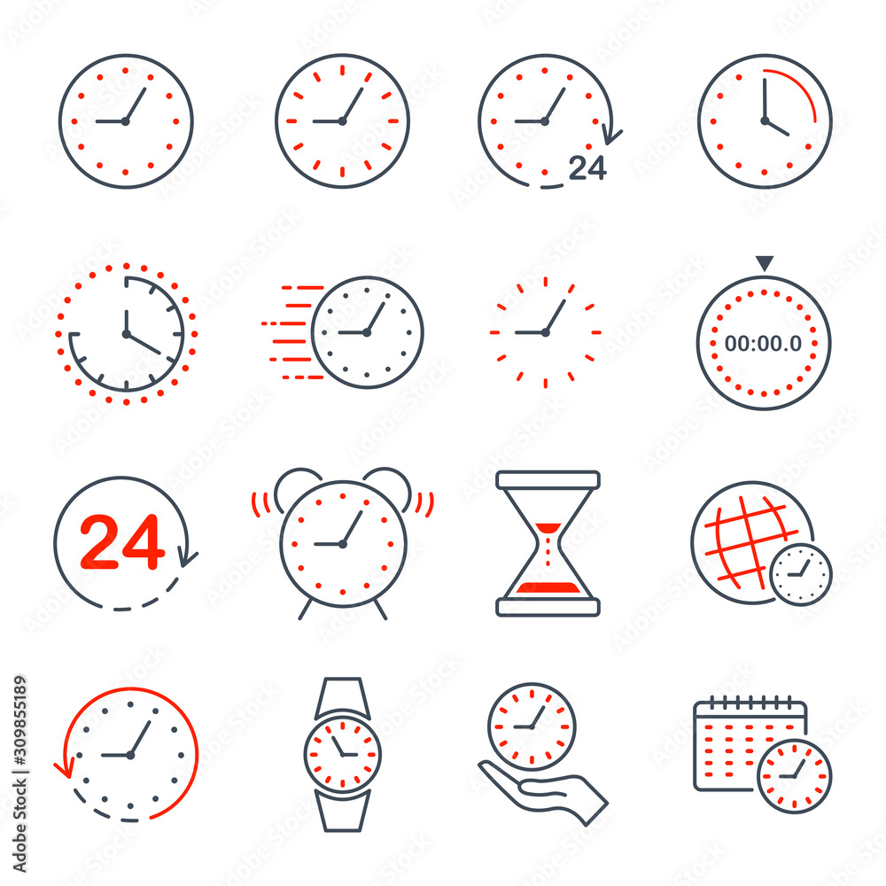 Clock and time counting line icons. 24 hour clock, time management with ...
