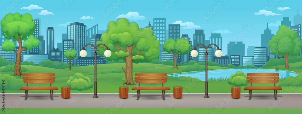 Summer, spring day park vector illustration. Wooden benches, trash bins ...
