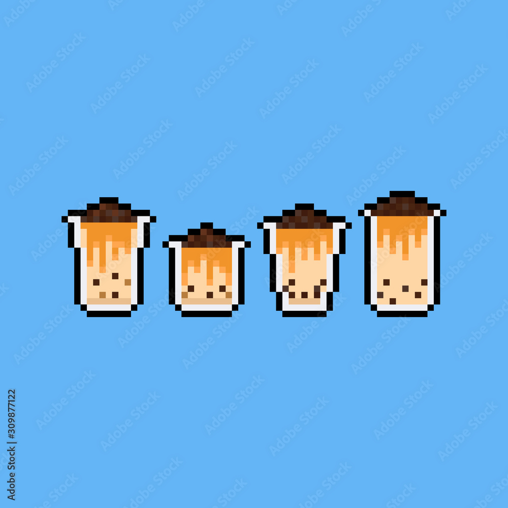Pixel art cartoon milk tea with bubble topping on top icon set. Stock ...