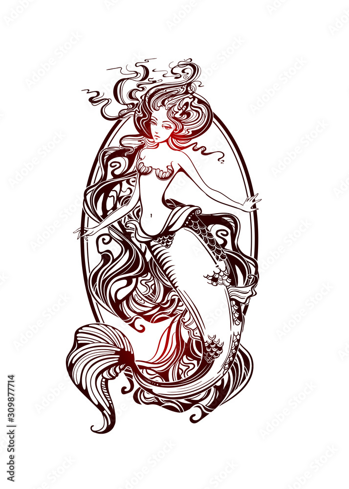 Tattoo - Mermaid in the waves floats out of the mirror. Through the ...