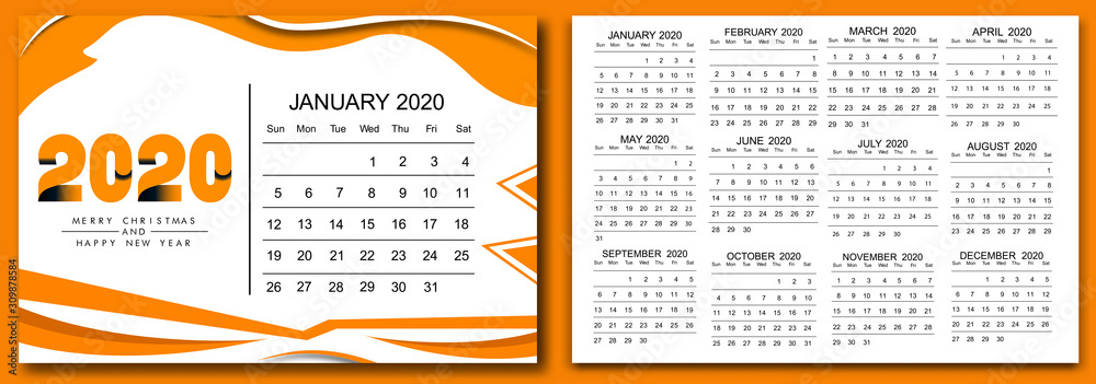 Vector of 2020 new year calendar in clean minimal table simple style ...