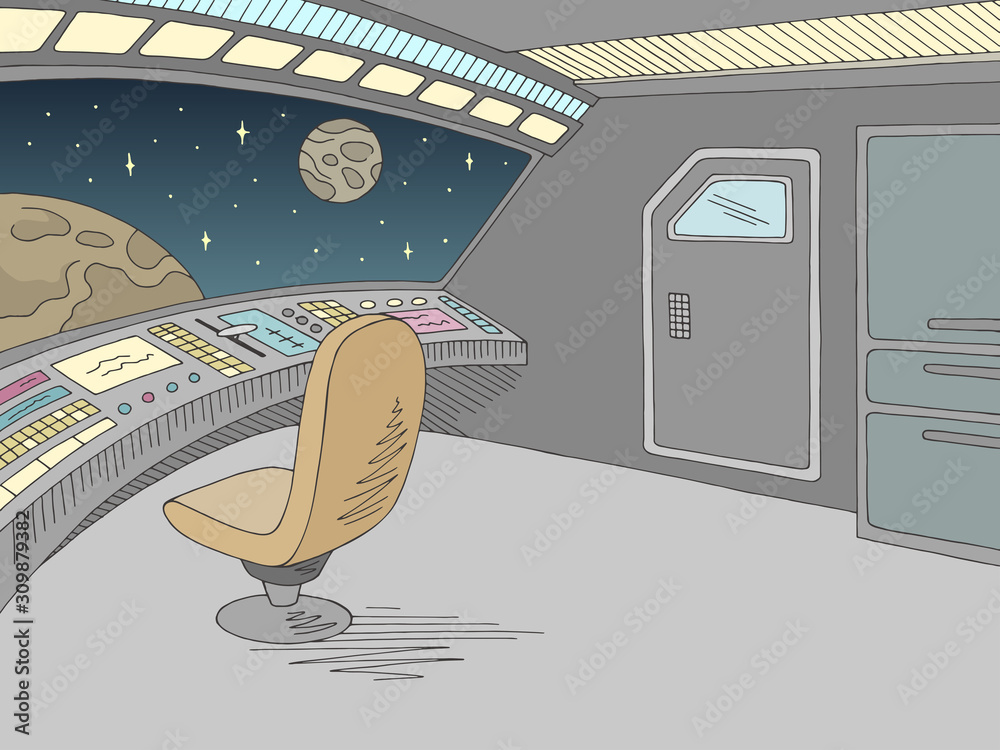 Spaceship interior graphic color sketch illustration vector Stock ...