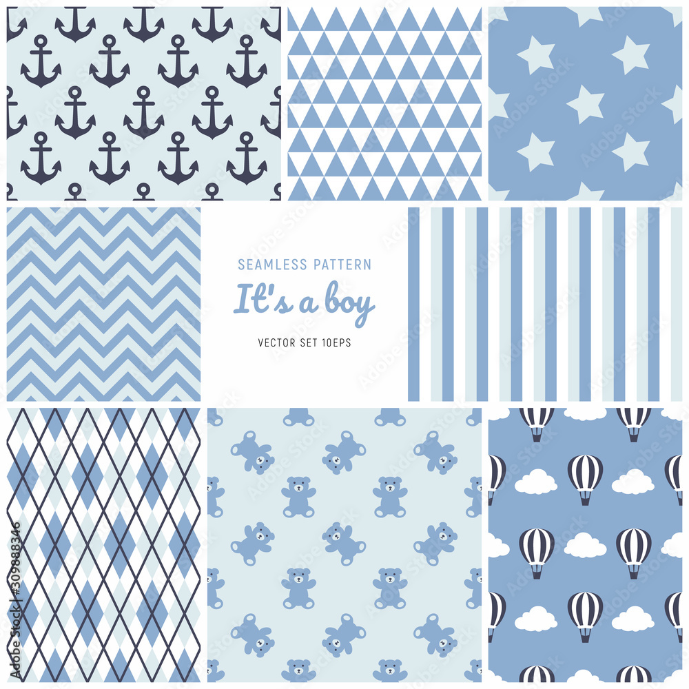 Baby boy patterns. Kids ornaments vector set. Blue backgrounds for baby ...