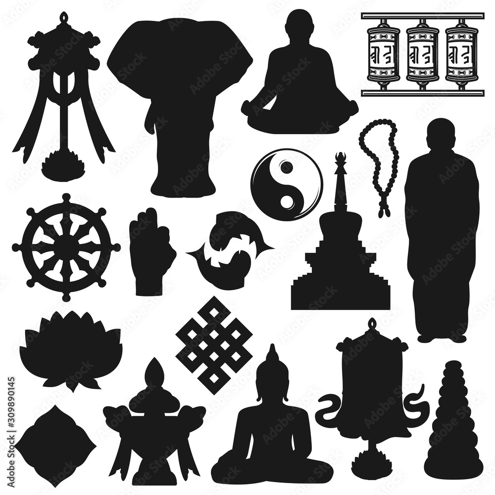 Buddhist religious icons, Buddhism religion and meditation symbols ...