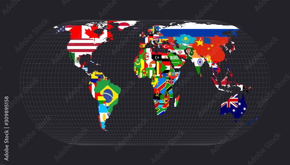 World Flag Map. Eckert IV projection. Map of the world with meridians ...